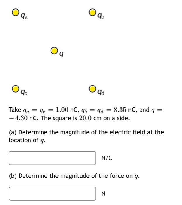 Solved qa qo Og ac ad Take a = qb = -2.50 nc, qc = qd = 8.60 | Chegg.com