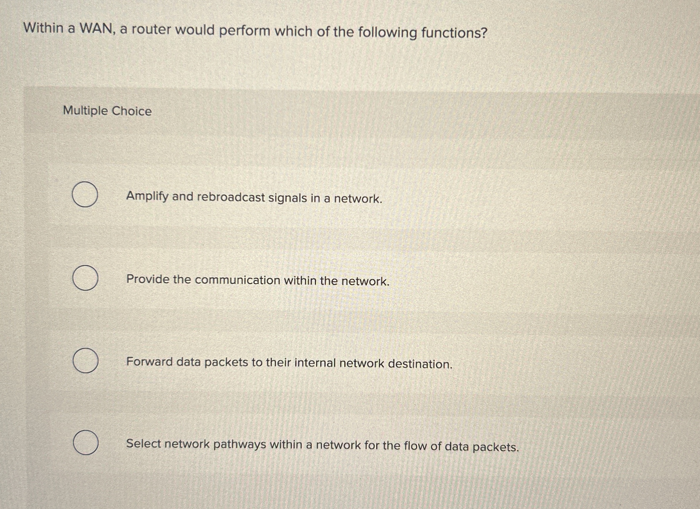 Solved Within a WAN, a router would perform which of the | Chegg.com