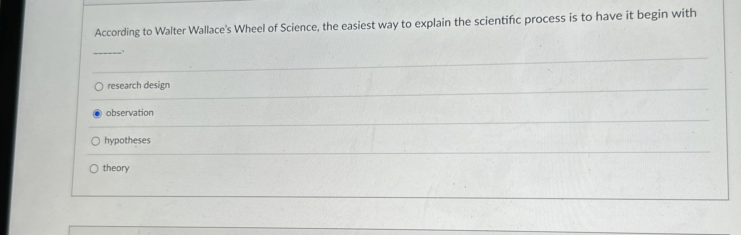Solved According to Walter Wallace's Wheel of Science, the | Chegg.com