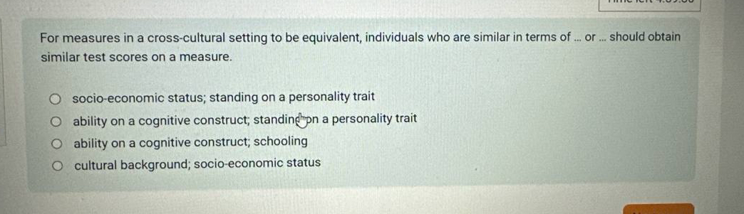 Solved For measures in a cross-cultural setting to be | Chegg.com