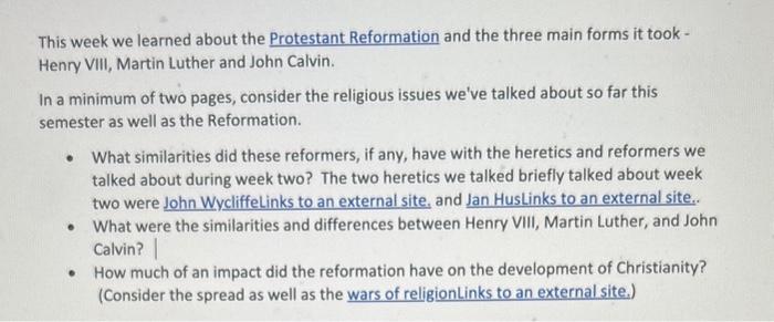This week we learned about the Protestant Reformation | Chegg.com