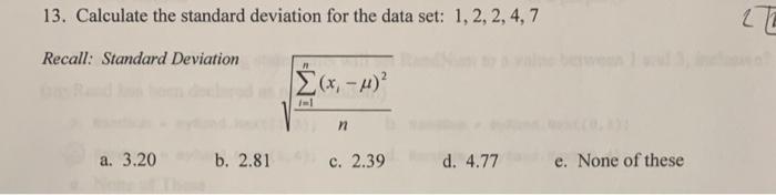 Solved 13. Calculate the standard deviation for the data | Chegg.com