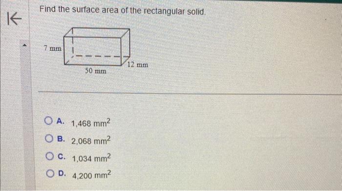 Solved Find the surface area of the rectangular solid. A. | Chegg.com