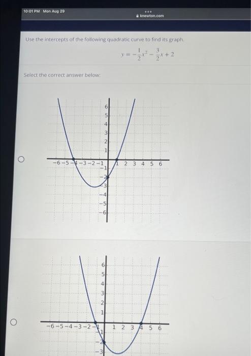 Solved Use the intercepts of the following quadratic curve | Chegg.com