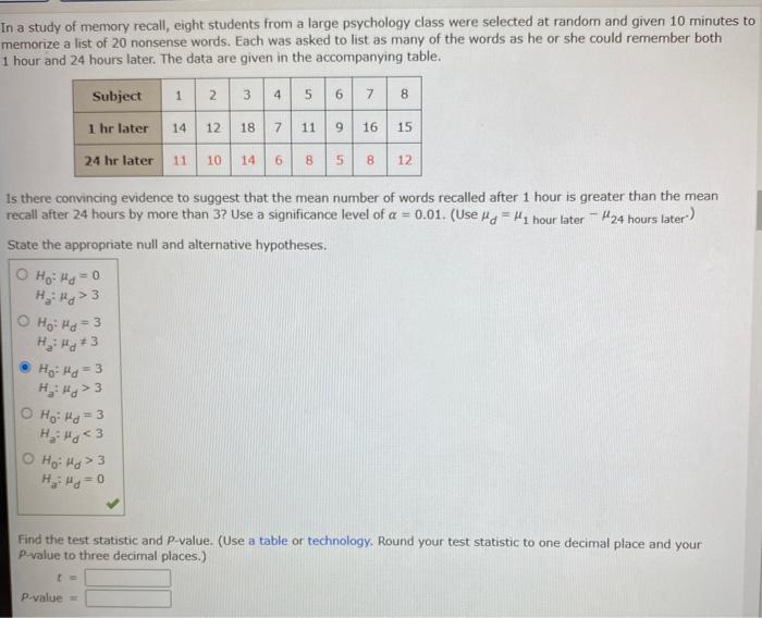 Solved In a study of memory recall, eight students from a | Chegg.com