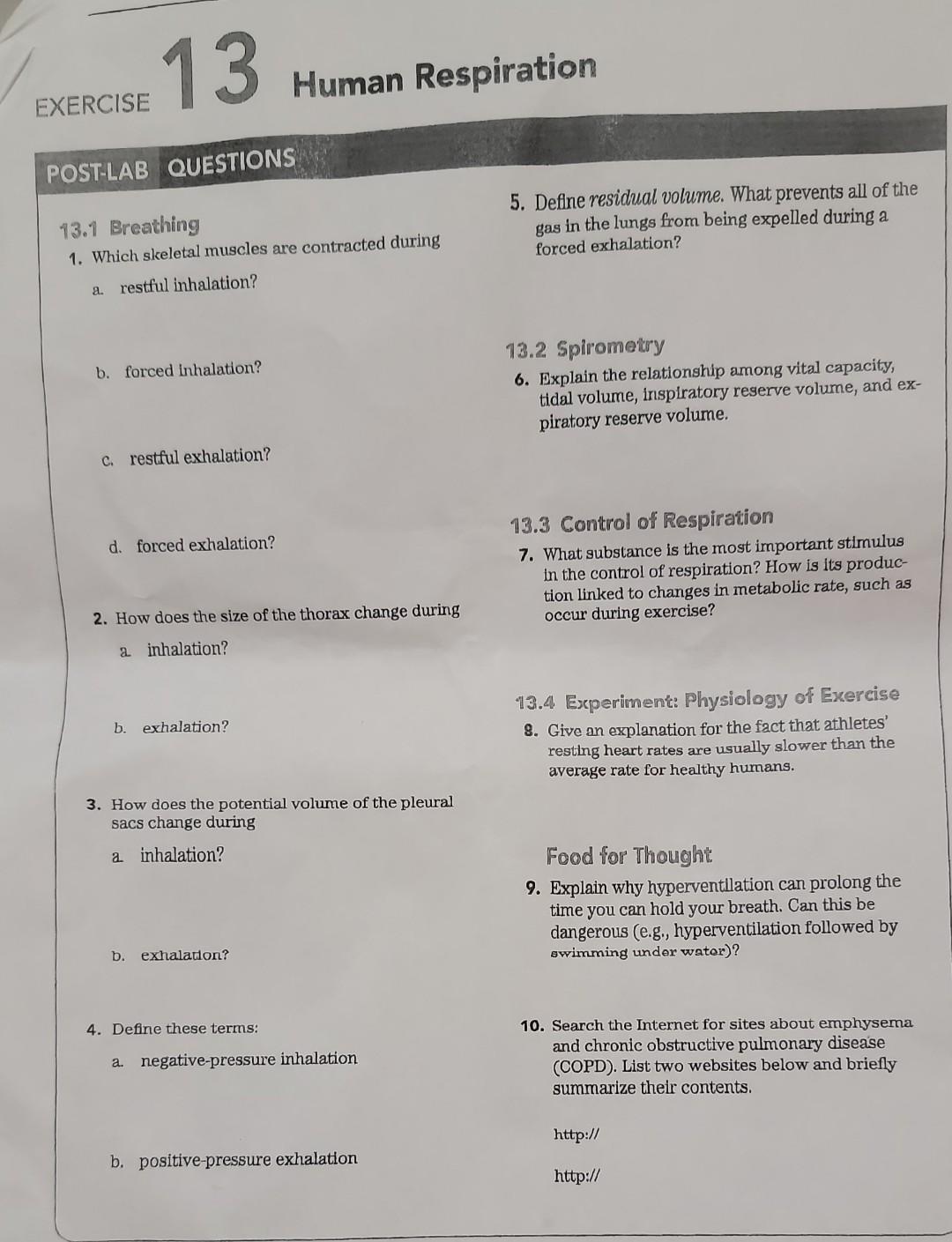 Solved EXERCISE 13 Human Respiration POST-LAB QUESTIONS 13.1 | Chegg.com