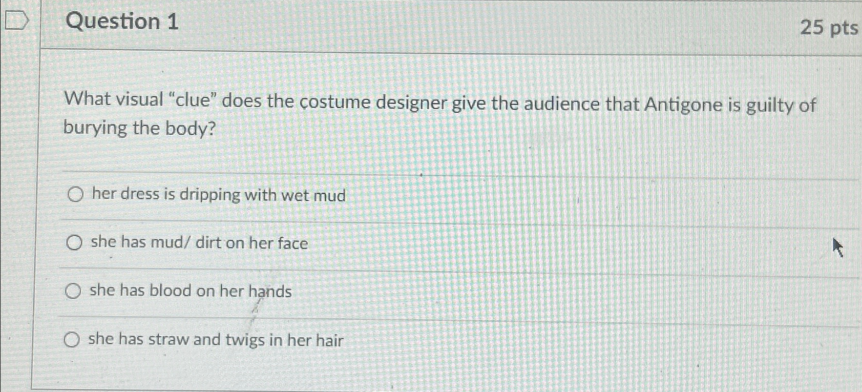 Solved Question 125 ﻿ptsWhat visual "clue" does the costume | Chegg.com