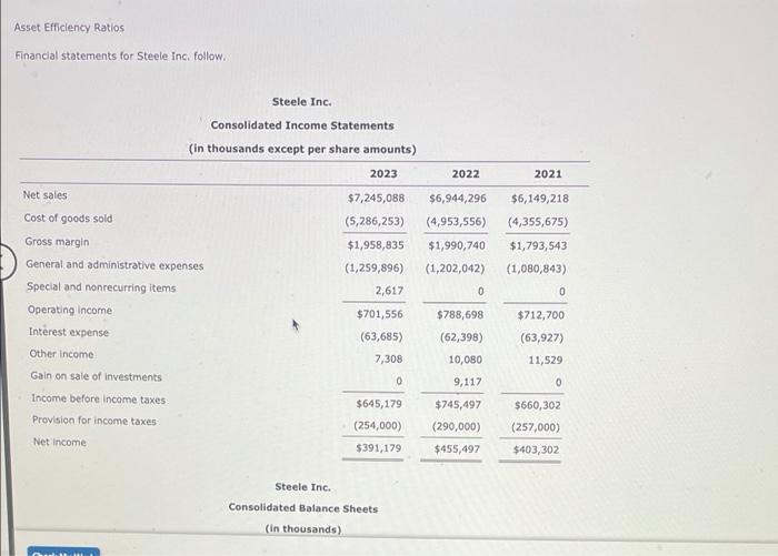 Solved Asset Efficiency Ratios Financial statements for | Chegg.com
