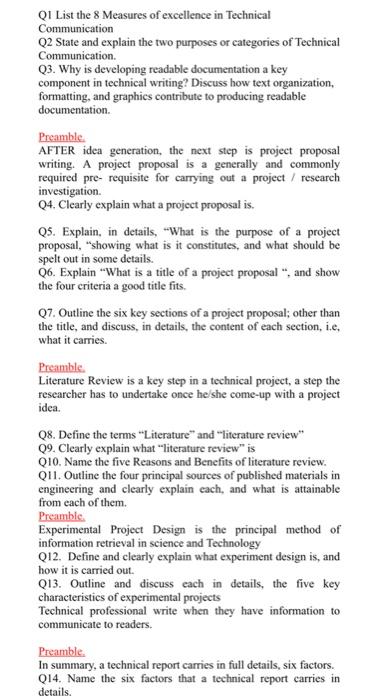 Solved QI List the 8 Measures of excellence in Technical | Chegg.com