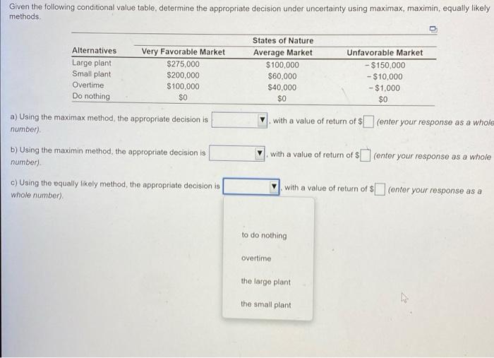 Solved Given the following conditional value table, | Chegg.com