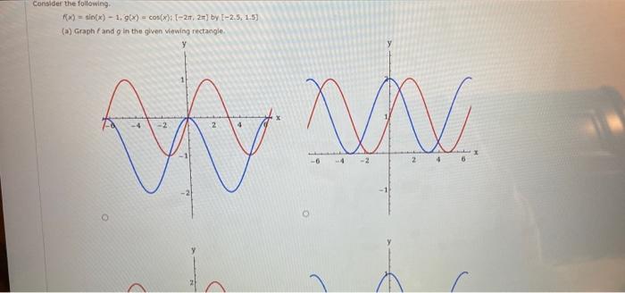 Solved f(x)=sin(x)−1,g(x)=cos(x);[−2π,2π] by [−2,5,1,5] (a) | Chegg.com