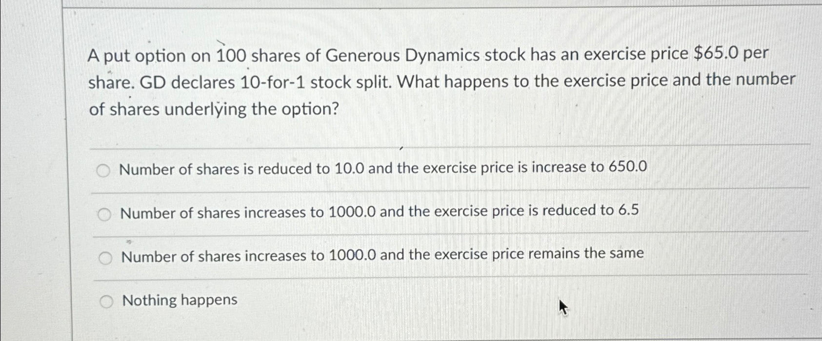 Solved A put option on 100 ﻿shares of Generous Dynamics | Chegg.com