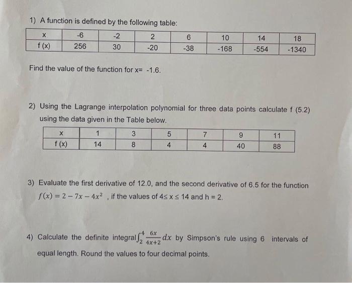 Solved 1) A function is defined by the following table: Find | Chegg.com