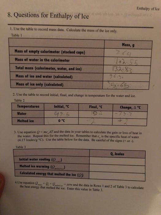 Solved Enthalpy of Ice 8. Questions for Enthalpy of Ice 1. | Chegg.com