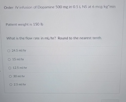 Solved Order: IV infusion of Dopamine 500 ﻿mg in 0.5 ﻿LNS at | Chegg.com