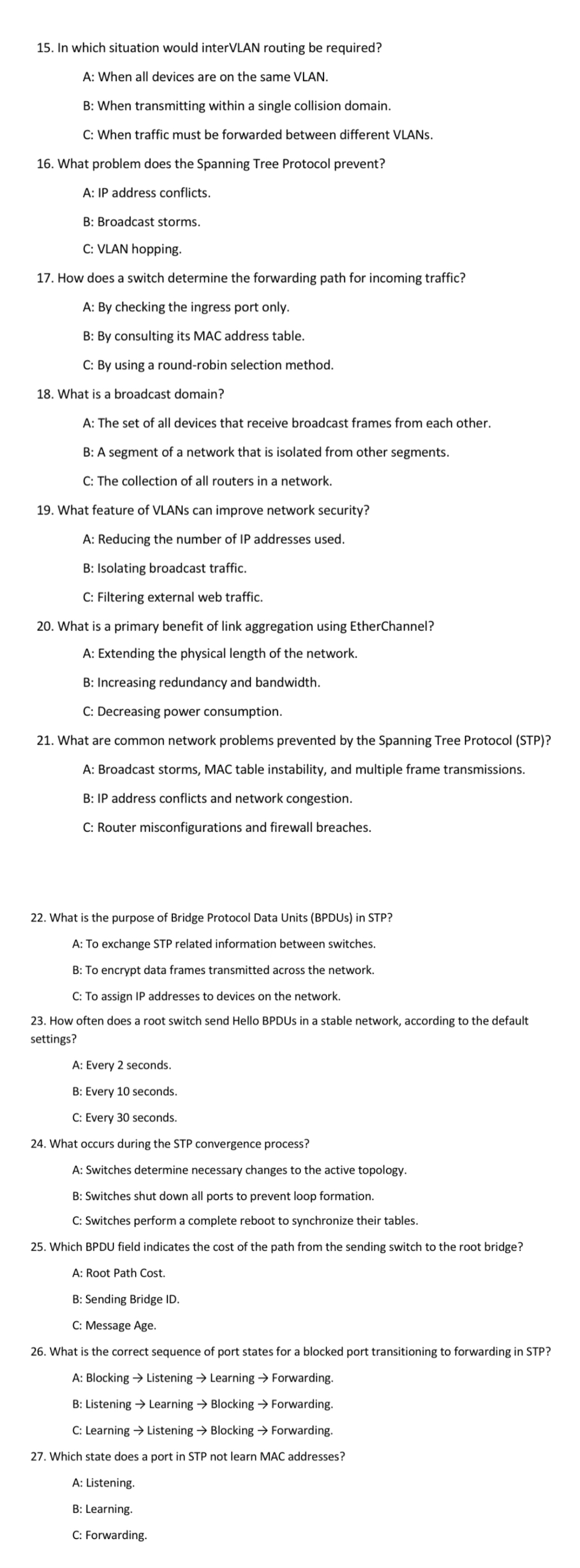 Solved MCQ exercises (15-27) ﻿about switching, LAN, STP in | Chegg.com
