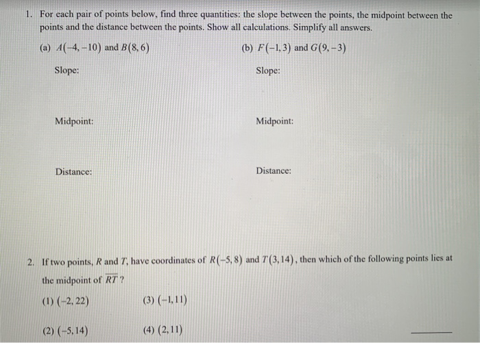 Solved 1. For each pair of points below, find three | Chegg.com