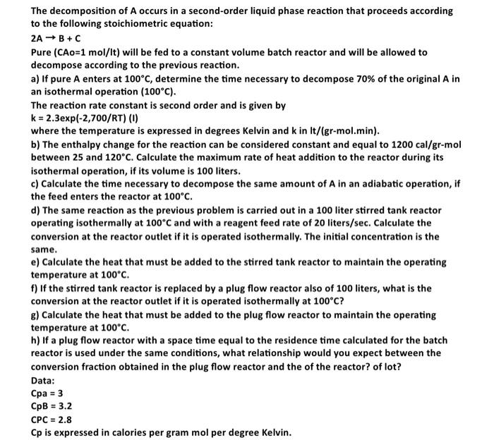 The decomposition of A occurs in a second-order | Chegg.com