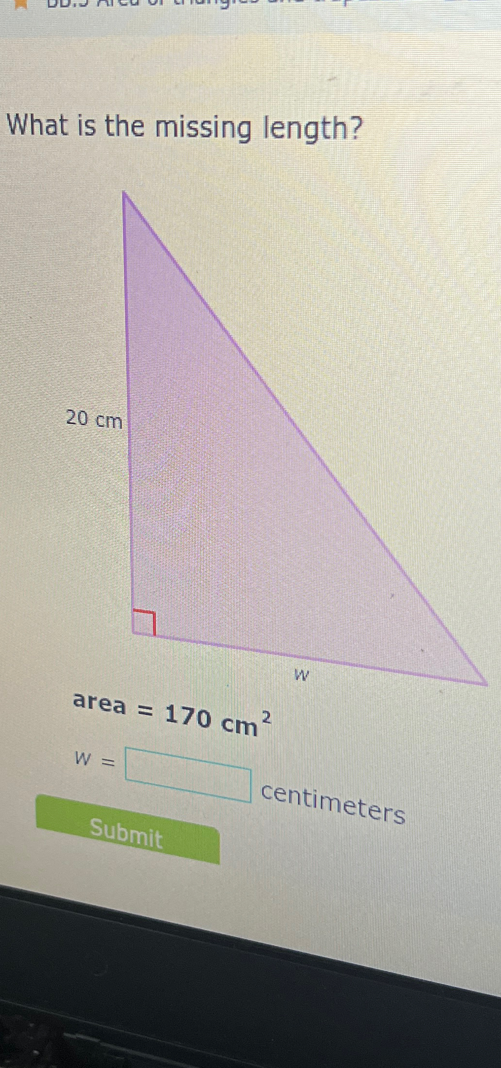 Solved What is the missing length? ﻿area =170cm2w= | Chegg.com