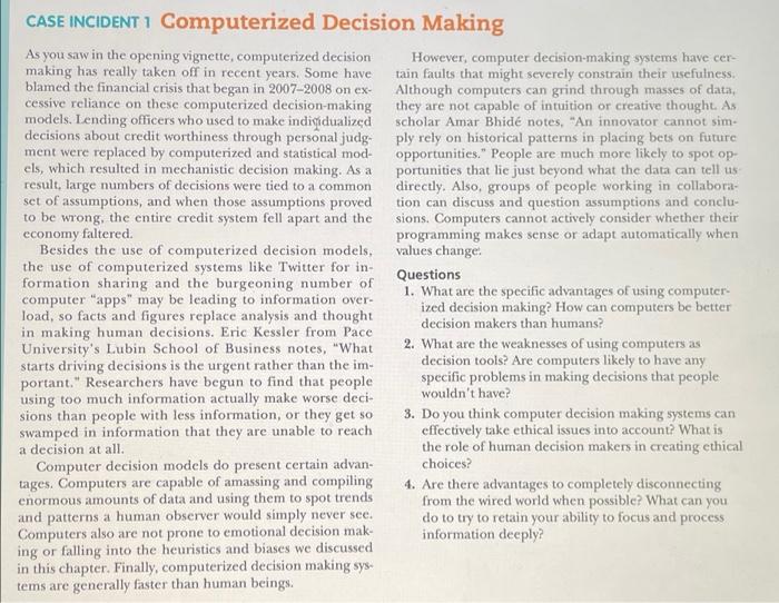 Solved CASE INCIDENT 1 Computerized Decision Making As you | Chegg.com