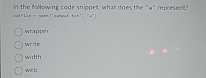 Solved In the following code snippet, what does the "w" | Chegg.com