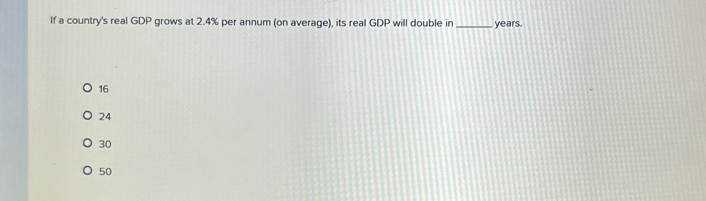 Solved If a country's real GDP grows at 2.4% ﻿per annum (on | Chegg.com
