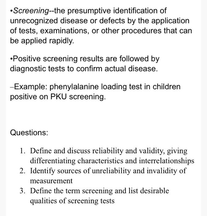 Solved •Screening--the presumptive identification of | Chegg.com
