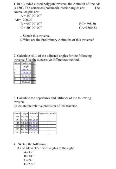 Solved 1 In A 3 Sided Closed Polygon Traverse The Azimuth