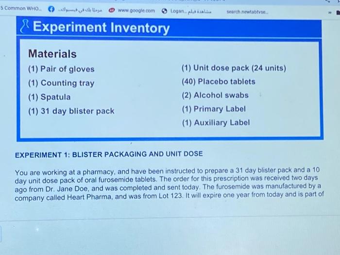 EXPERIMENT 1: BLISTER PACKAGING AND UNIT DOSE You are | Chegg.com