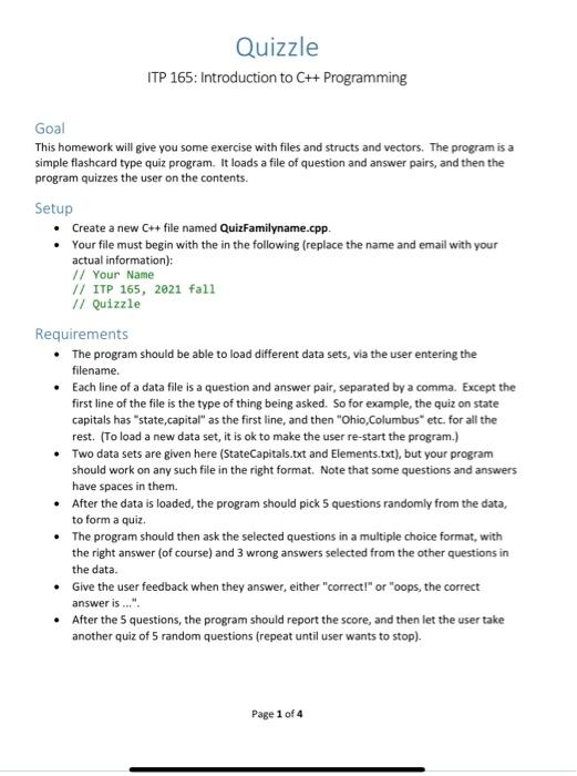 Solved Quizzle ITP 165: Introduction to C++ Programming Goal | Chegg.com