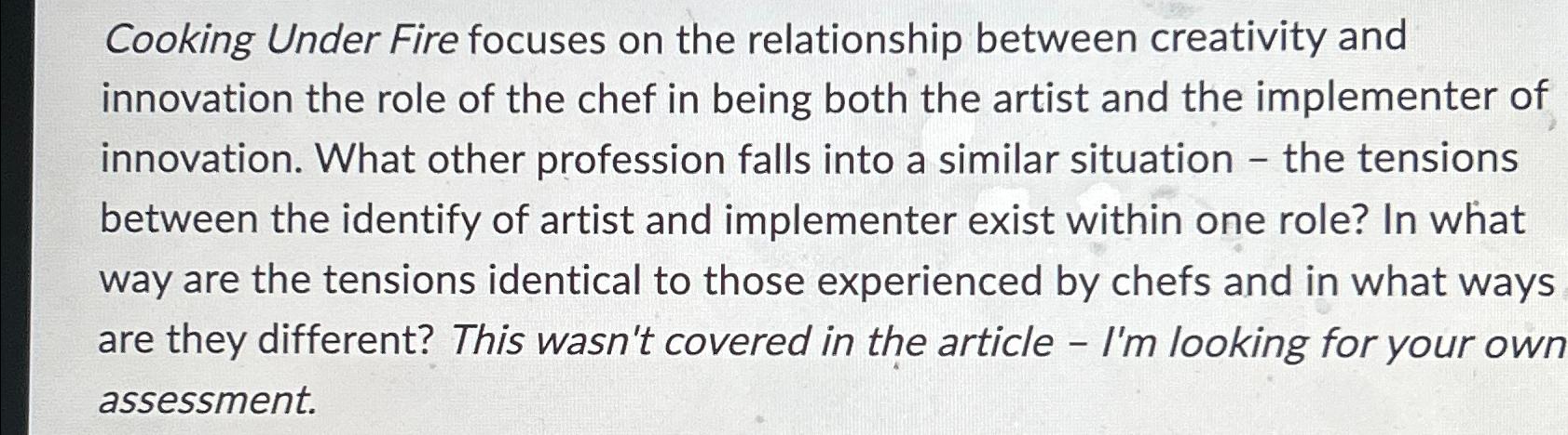 Solved Cooking Under Fire focuses on the relationship | Chegg.com