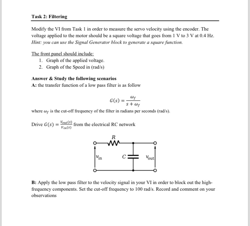 Solved Task 2: FilteringModify the VI from Task 1 ﻿in order | Chegg.com