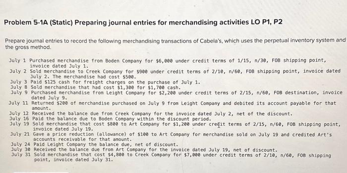 Solved Problem 5-1A (Static) Preparing journal entries for | Chegg.com