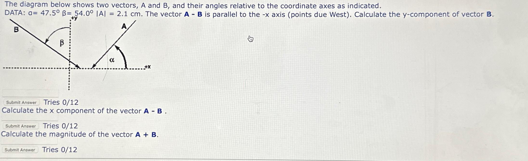 Solved The diagram below shows two vectors, A and B, ﻿and | Chegg.com