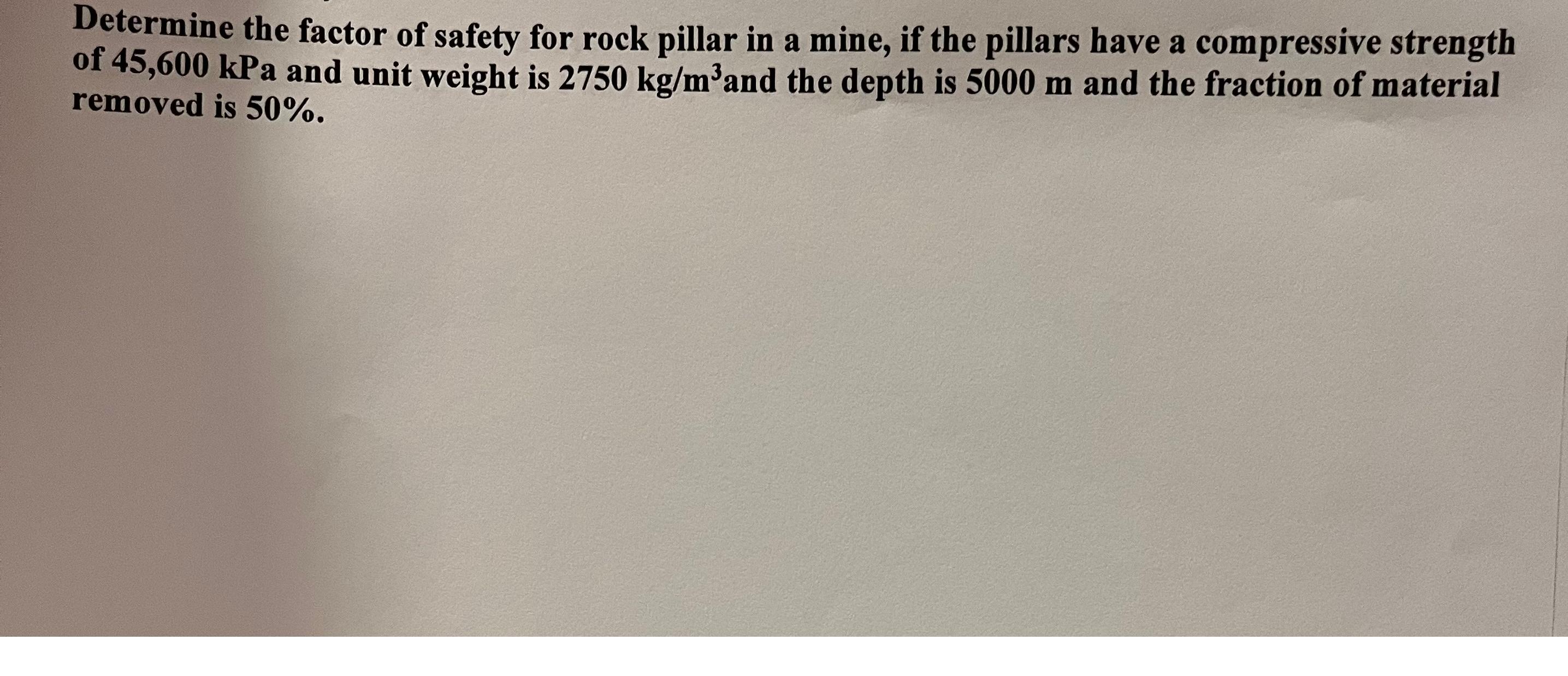 Solved Determine the factor of safety for rock pillar in a | Chegg.com