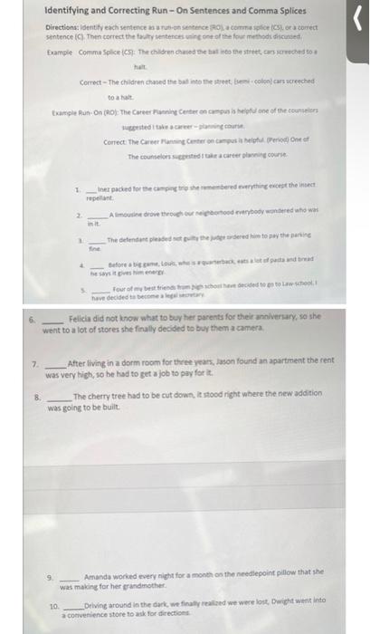 Solved Identifying and Correcting Run-On Sentences and Comma | Chegg.com