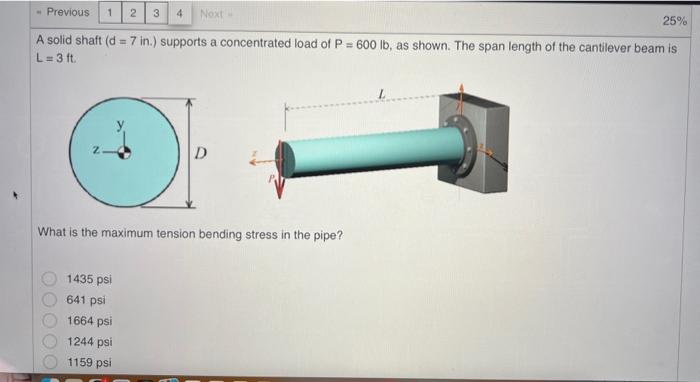 Solved A solid shaft ( d=7 in.) supports a concentrated load | Chegg.com