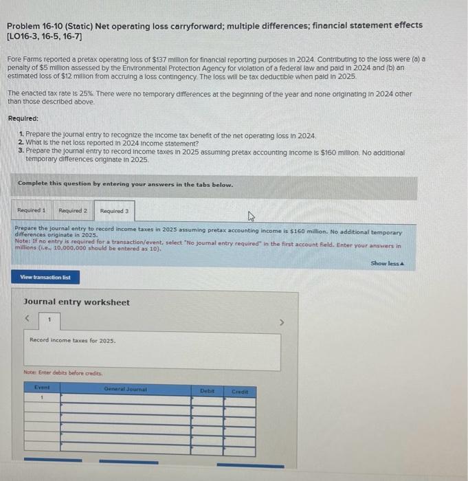 Solved Problem 16-10 (Static) Net operating loss | Chegg.com