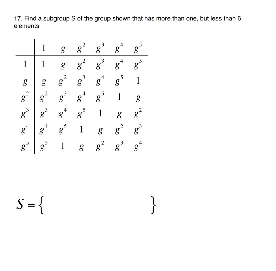 Solved 17. Find a subgroup S of the group shown that has | Chegg.com