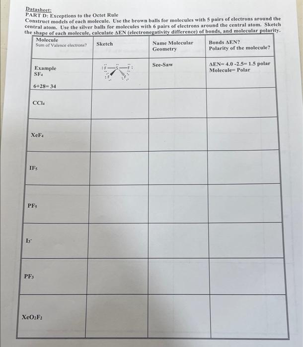 Solved Dannw Datasheet: PART E: Formal Charge the octet | Chegg.com