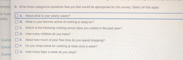 Solved Cempts: b. Write three categorical questions that you | Chegg.com