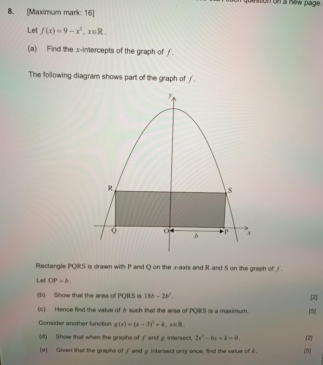 Solved 8. [Maximum mark: 16] Let f(x)=9−x2,x∈R. (a) Find the | Chegg.com