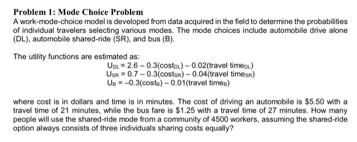 Solved Problem 1: Mode Choice Problem A work-mode-choice | Chegg.com