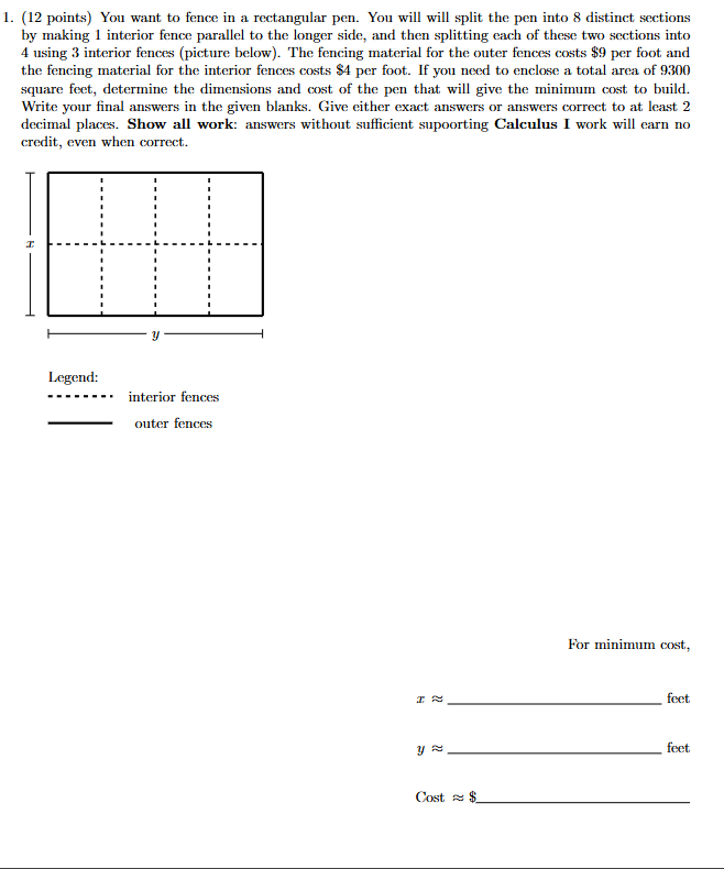 Solved (12 ﻿points) ﻿You want to ﻿fence in ﻿a rectangular | Chegg.com