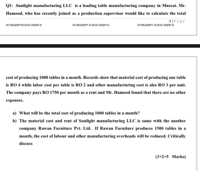 Solved Q1: Sunlight manufacturing LLC is a leading table | Chegg.com