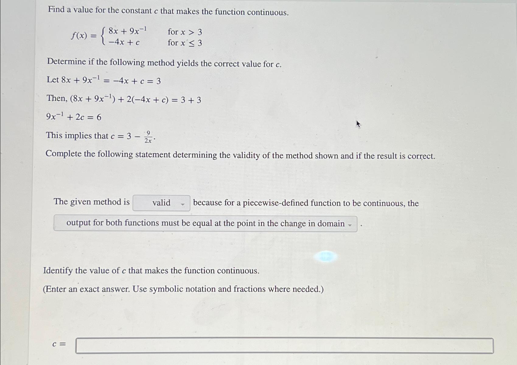 Solved Find a value for the constant c ﻿that makes the | Chegg.com