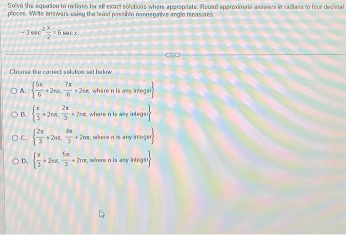 Solved Solve The Equation In Radians For All Exact Solutions