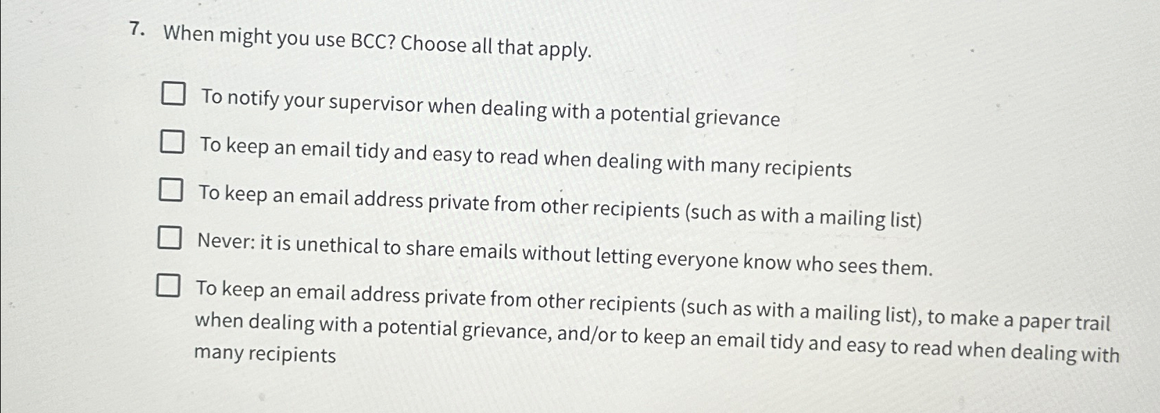 Solved When might you use BCC? ﻿Choose all that apply.To | Chegg.com