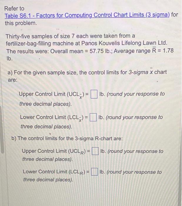 Solved Refer to Table S6.1 - Factors for Computing Control | Chegg.com