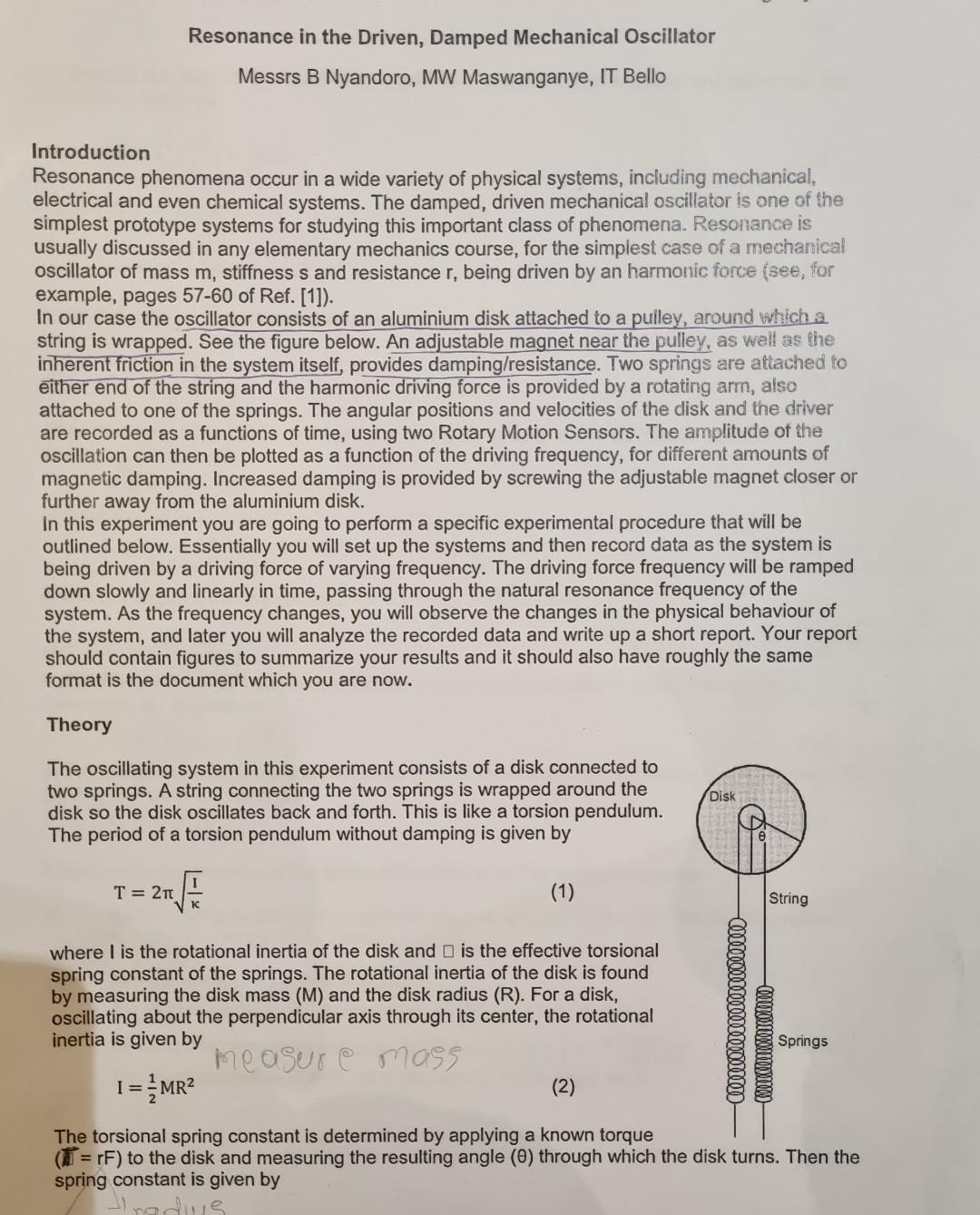 Solved Resonance in the Driven, Damped Mechanical Oscillator | Chegg.com